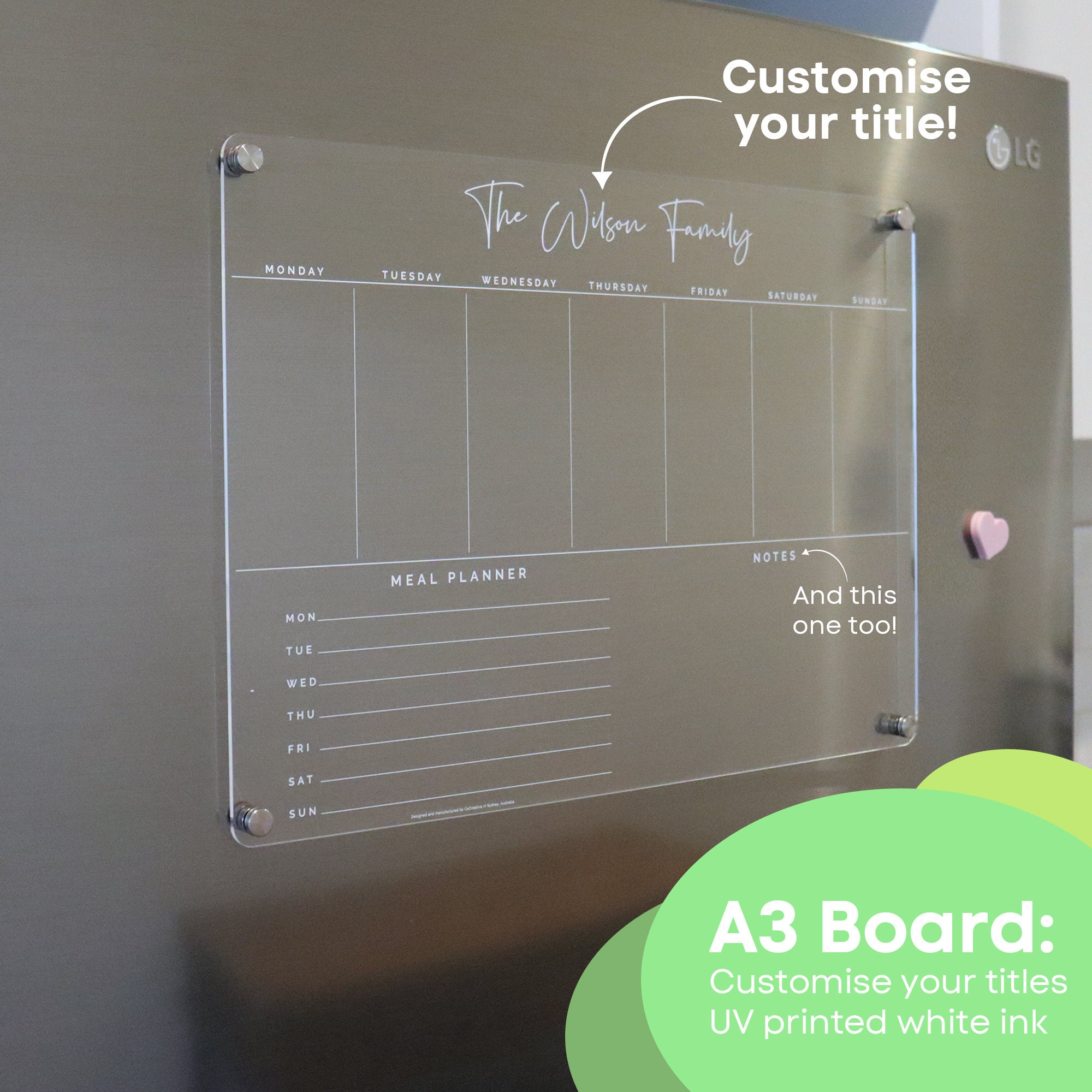 Weekly MEAL Magnetic Fridge Acrylic Planner A3 - WHITE UV Print - Clear Acrylic Whiteboard Meal ...