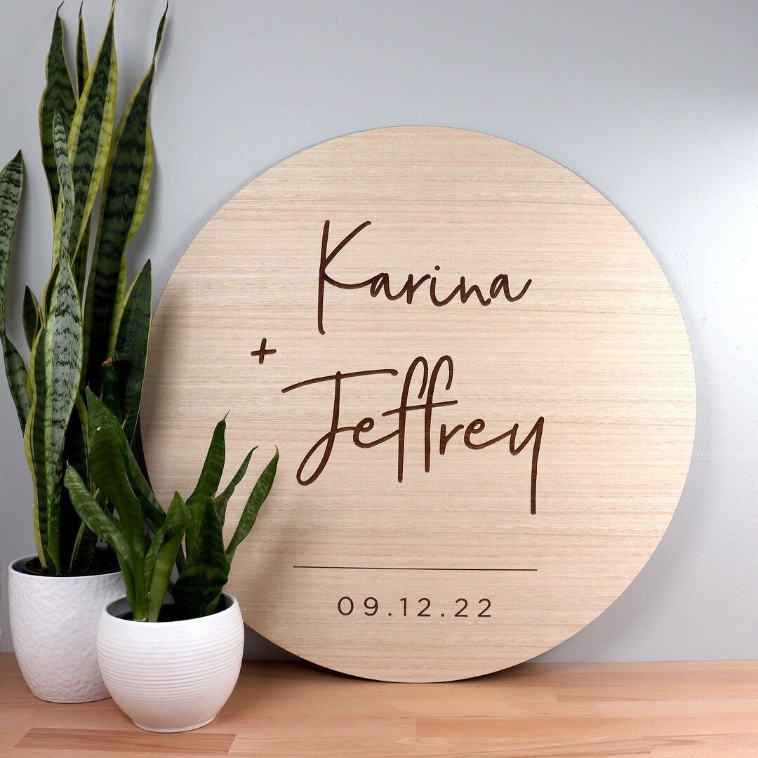 Wood Round Wedding Welcome Sign - Engraved Engagement Reception Sign ...