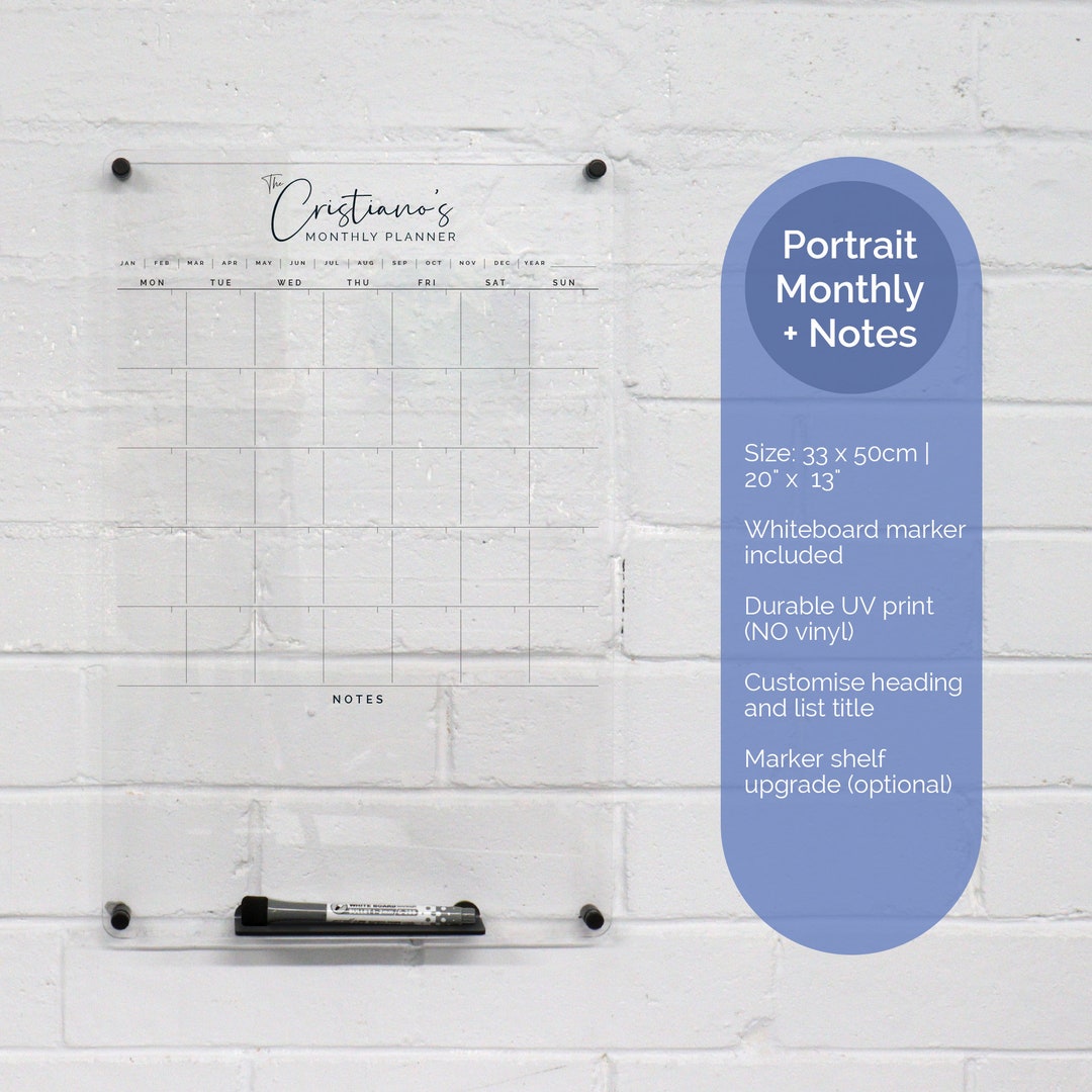 Custom Wall Planner - PORTRAIT Monthly + Notes Design - Clear Acrylic ...