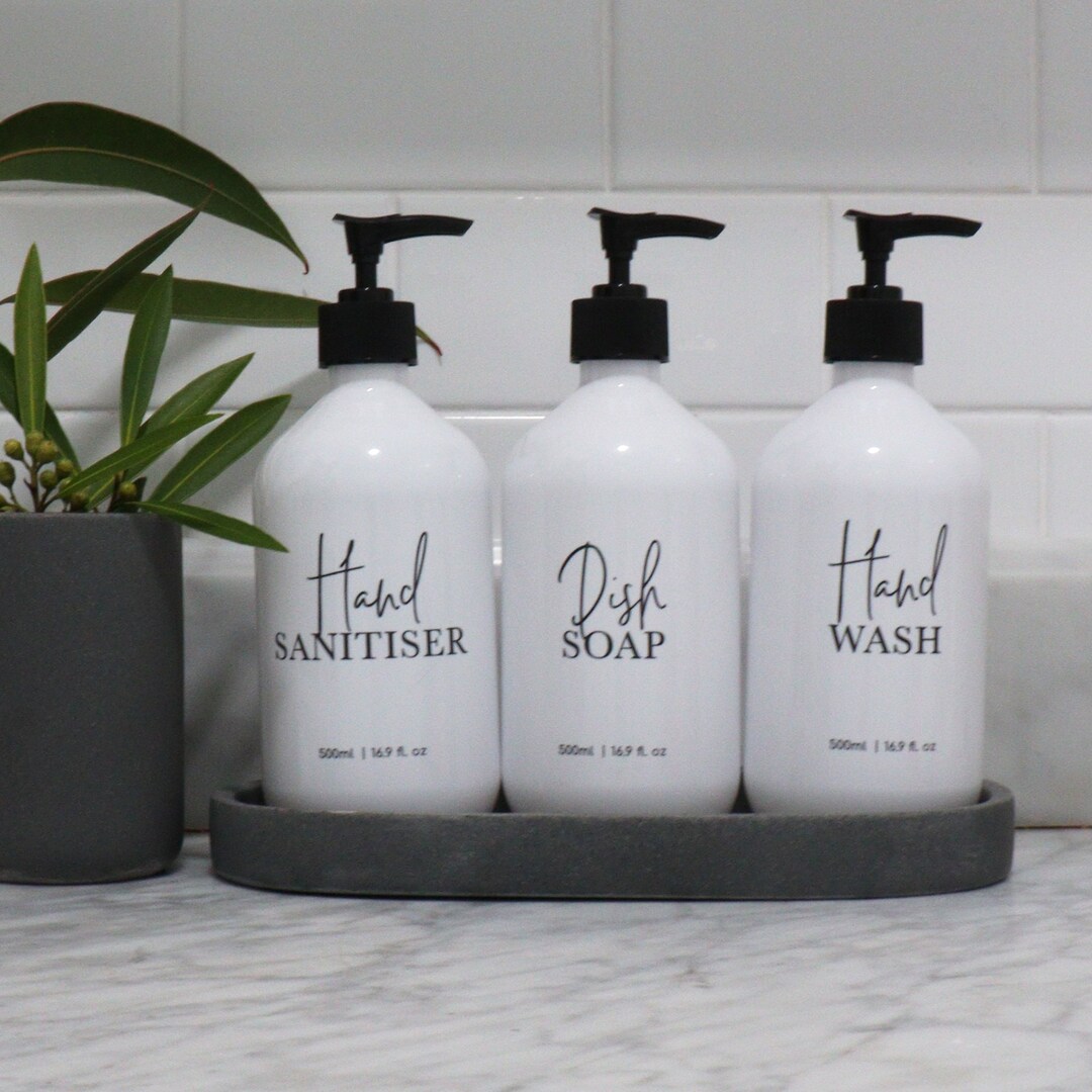 3 Piece WHITE Kitchen Bottle Set DESIGN 4 Dish Soap, Hand Wash, Hand ...