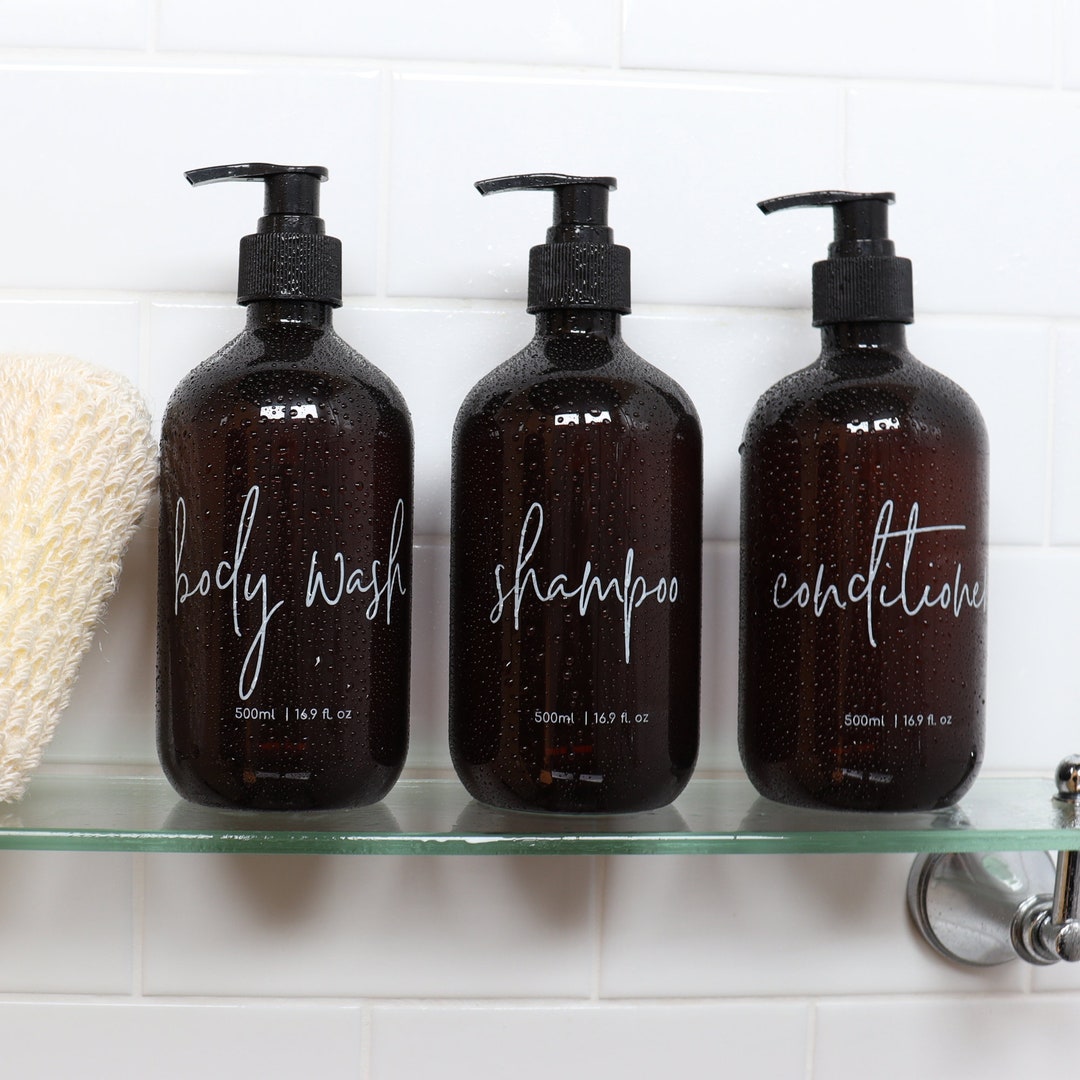 3 Piece AMBER Bathroom Bottle Set DESIGN 1 - Body Wash, Shampoo ...