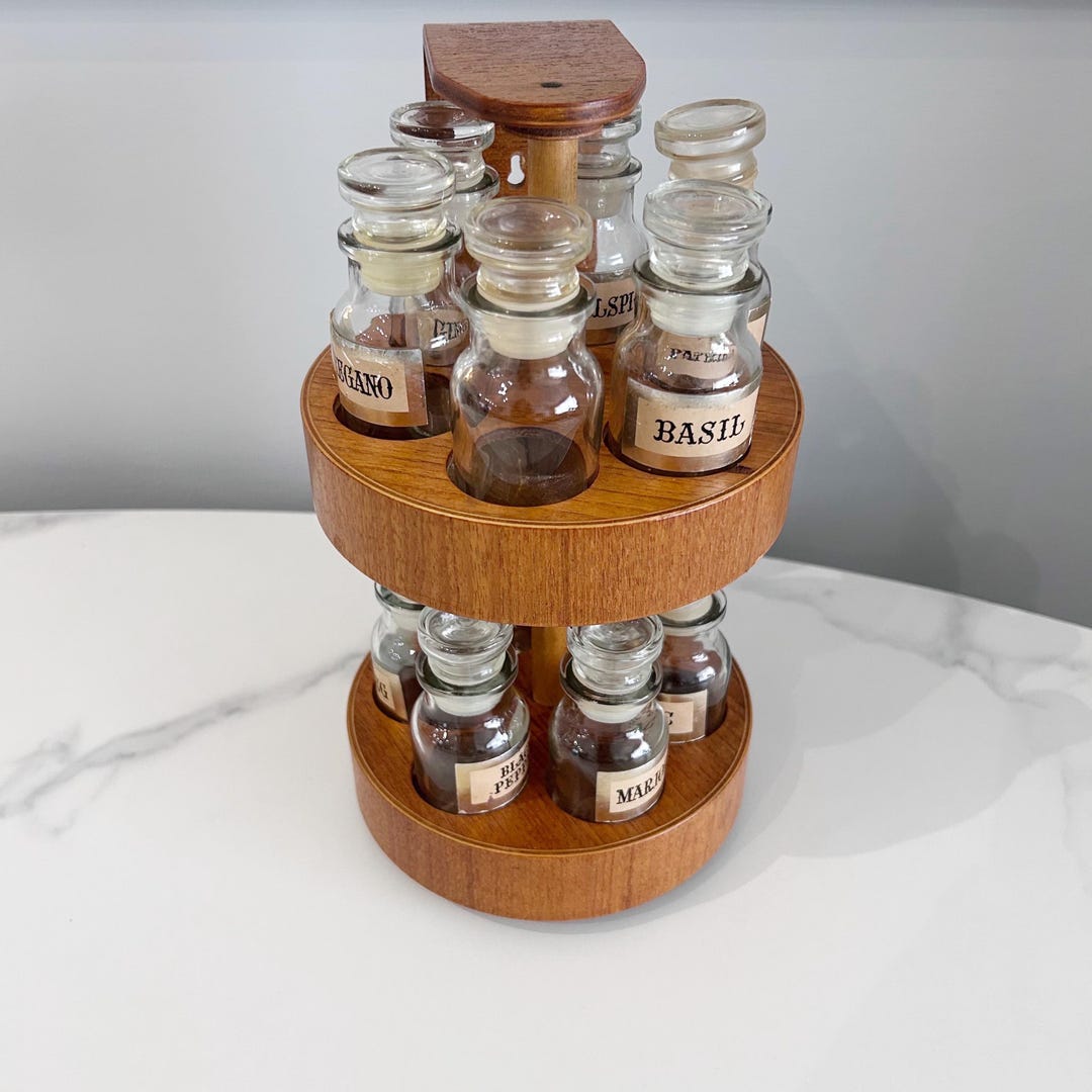 Vintage Set of 12 Spice Canisters, Teak Wood Wall Mount Rotating Caddy ...