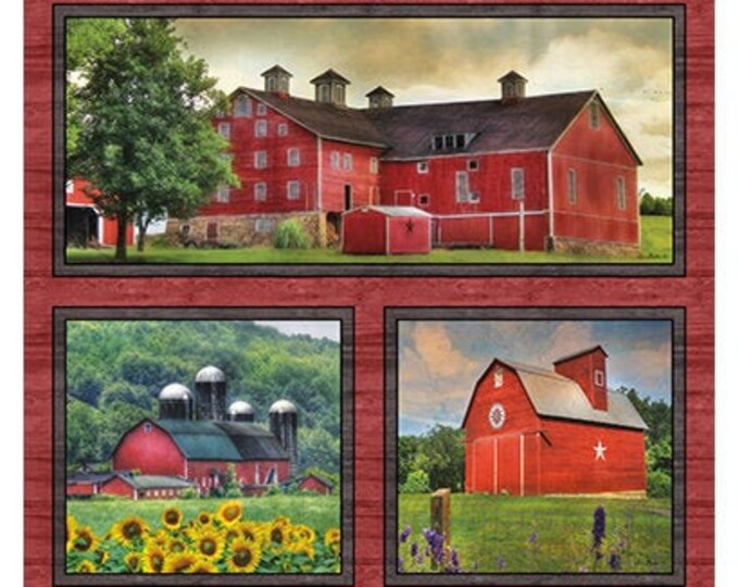 Barn Fabric, Fabric Panel, Country Barns Panel, the Land I Love, Red ...