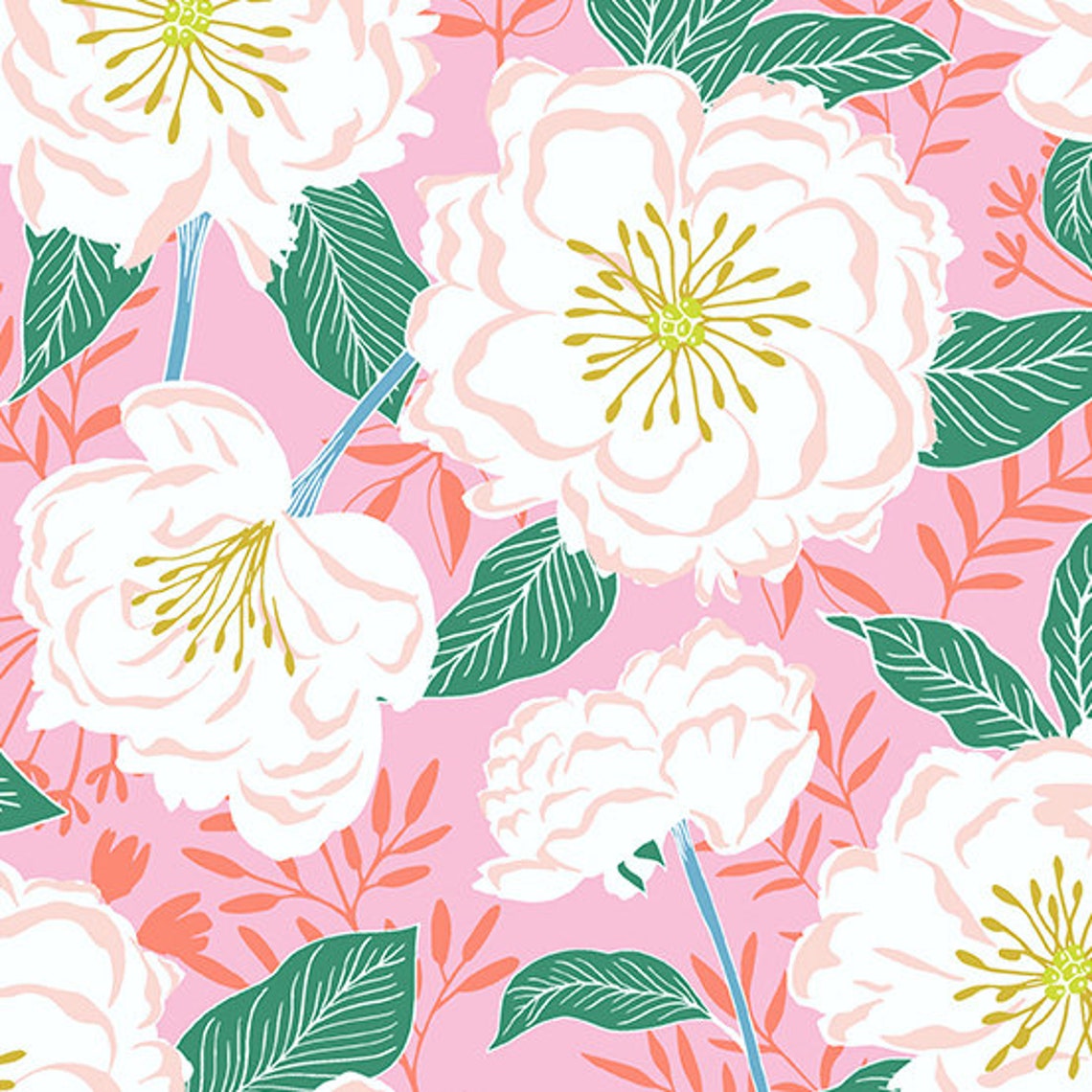 Floral Fabric, Flower Fabric, Floral and Fauna, White Flowers on Pink ...