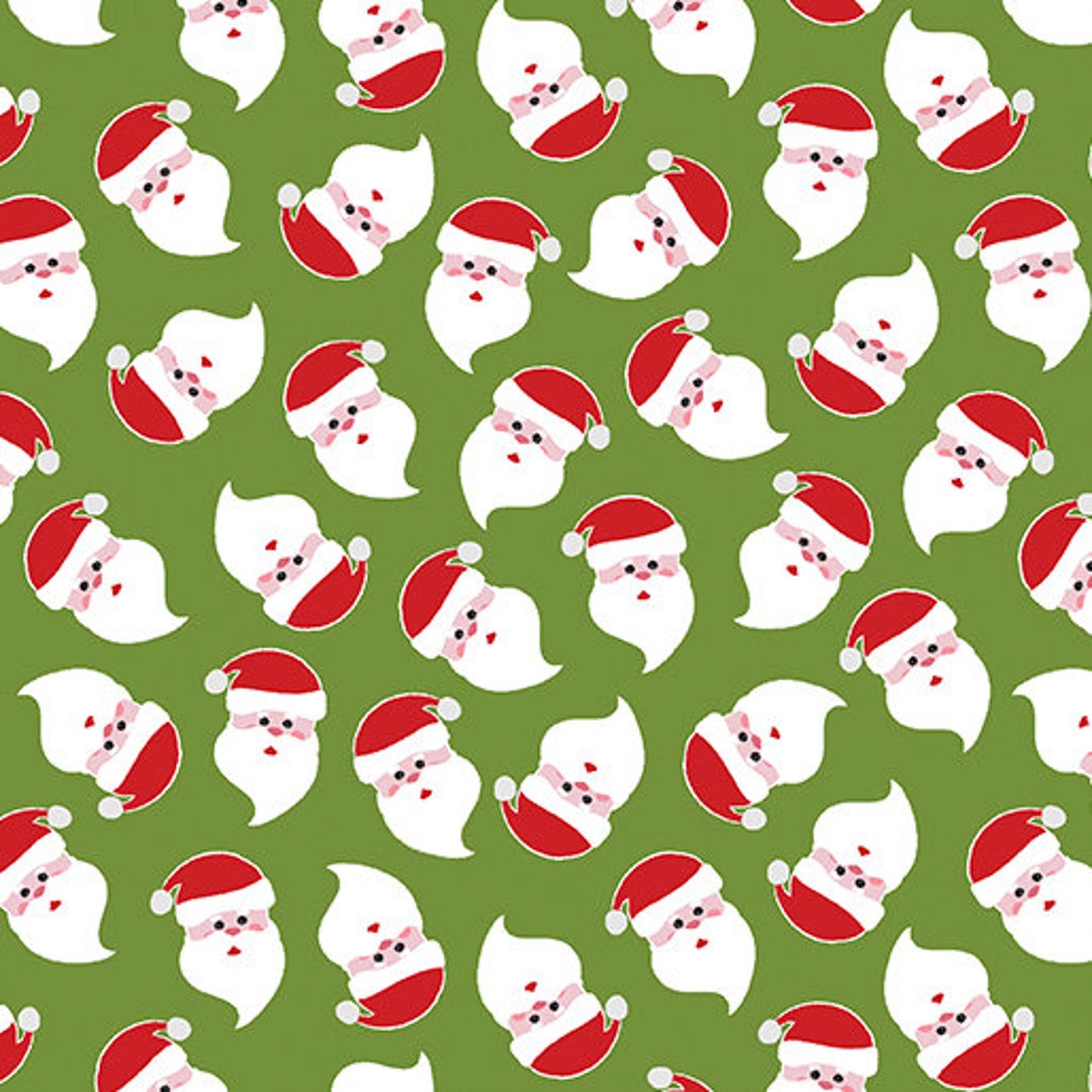 Christmas Fabric, Santa Fabric, A Cozy Winter, Jolly Santa Green Fabric ...