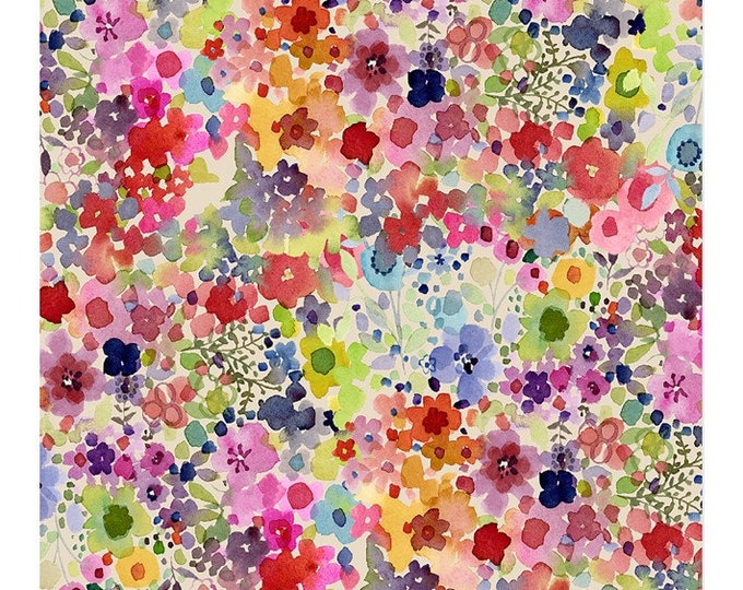 Painted Patchwork, Floral Fabric, Digital Blooms Light Cream Fabric, Leaf Fabric, Watercolor ...