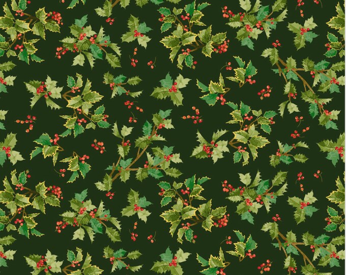 Christmas Fabric, Forest Green Fabric, Winters Eve Fabric, Holly Fabric ...