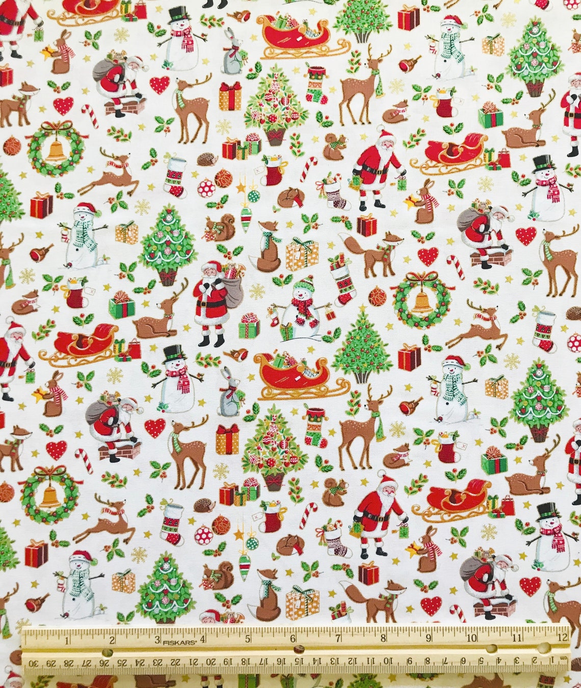 Christmas Fabric Santa Fabric Merry Christmas Gold Metallic - Etsy