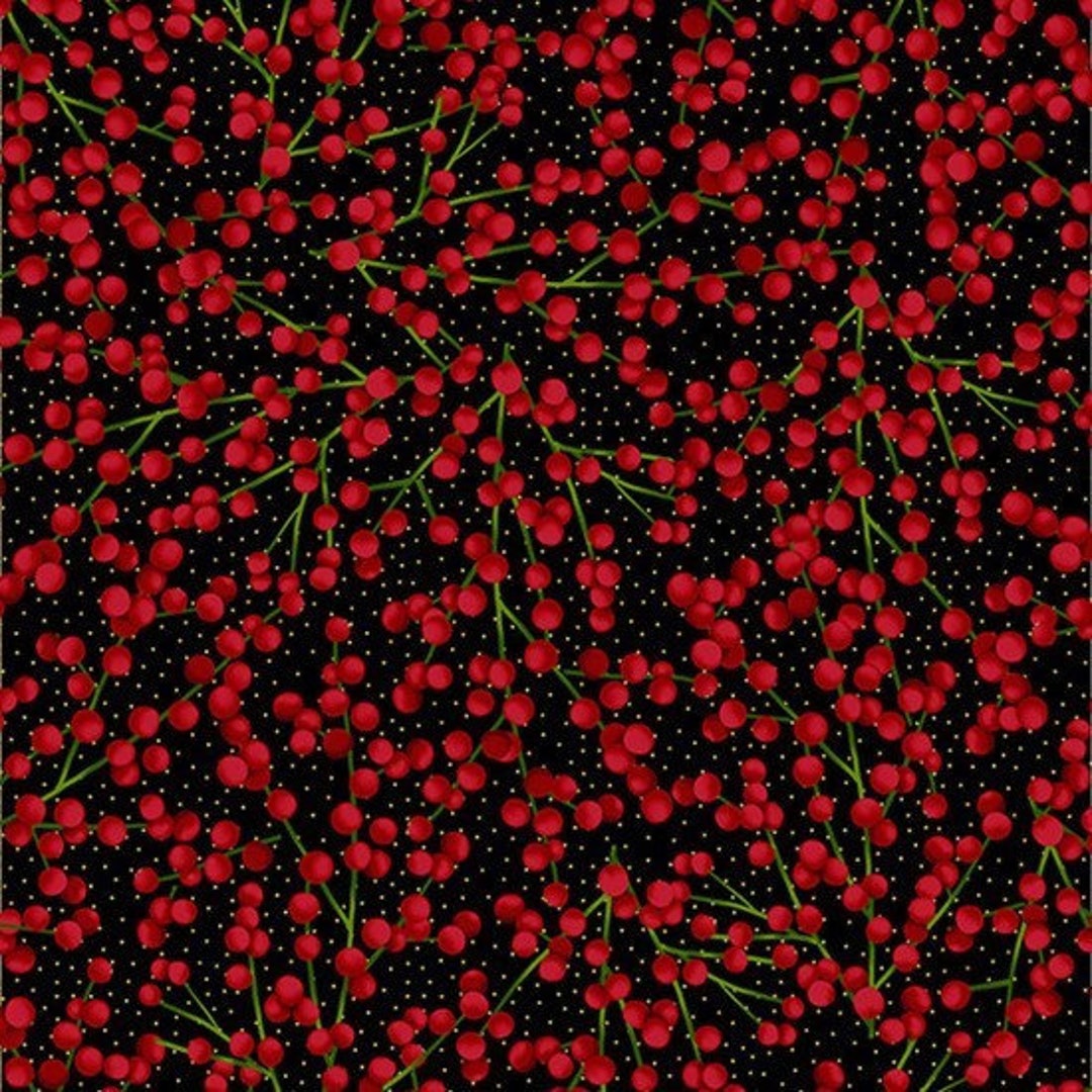 Christmas Fabric, Holiday Wishes, Gold Red Holly Berries Fabric, Holly ...