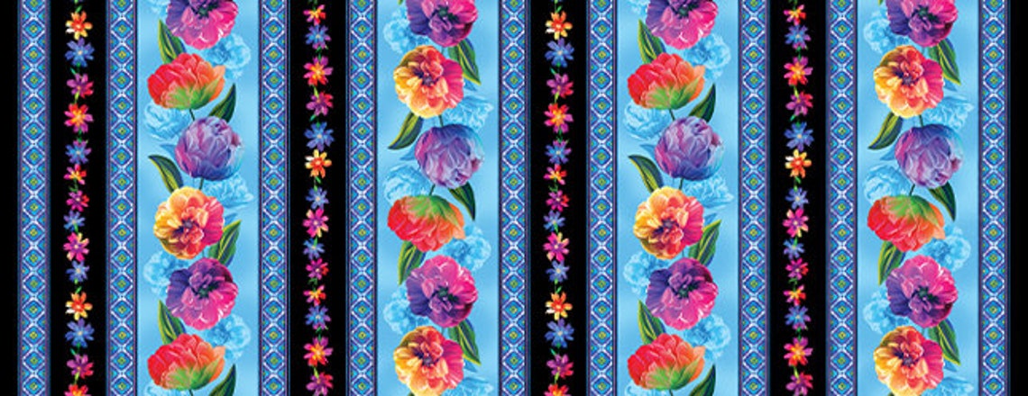 Floral Fabric Floral Border Stripe Fabric in Full Bloom - Etsy