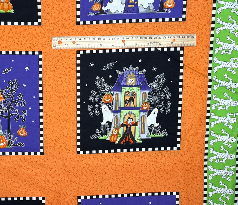 Halloween Fabric Panel, Haunted House Fabric, Here We Glow, Glow in the ...