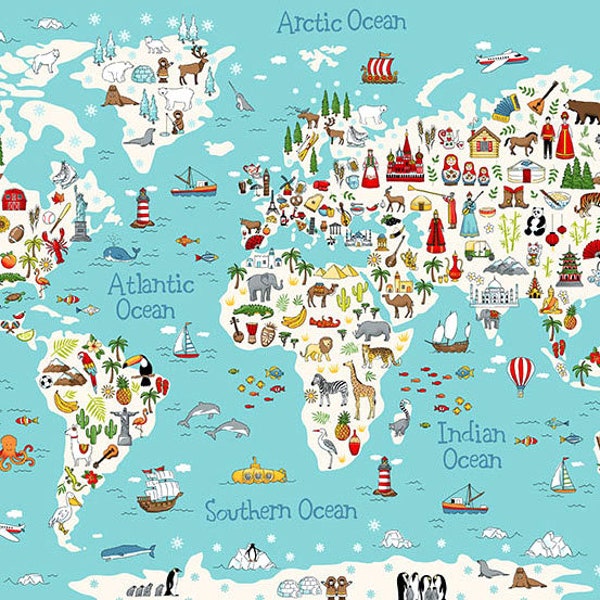 World Map Fabric - Etsy
