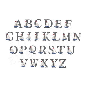 Sail Boat Monogram 4inch Embroidery Font, Nautical Machine Embroidery ...