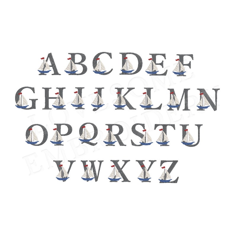 Sail Boat Monogram 3inch Embroidery Font, Nautical Machine Embroidery ...