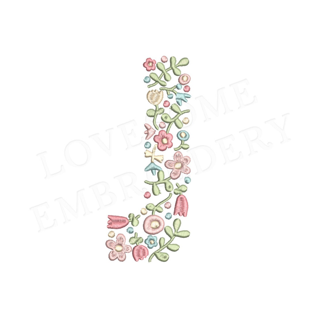 NEW Floral Letter J 8inch A-Z Machine Embroidery Design Dainty Flowers ...
