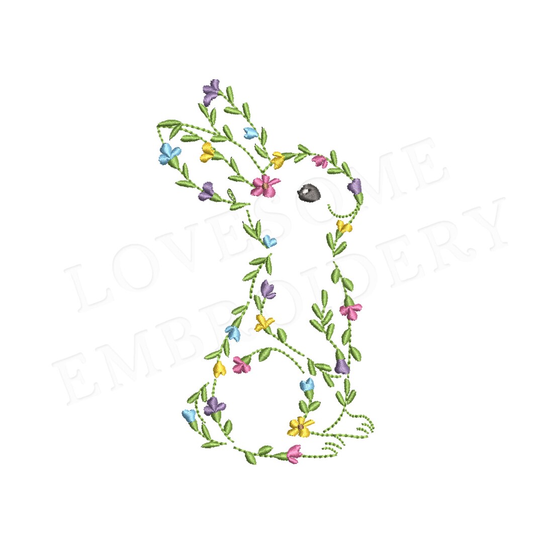 Floral Outline Bunny 4inch Embroidery Design Cute Rabbit Machine ...