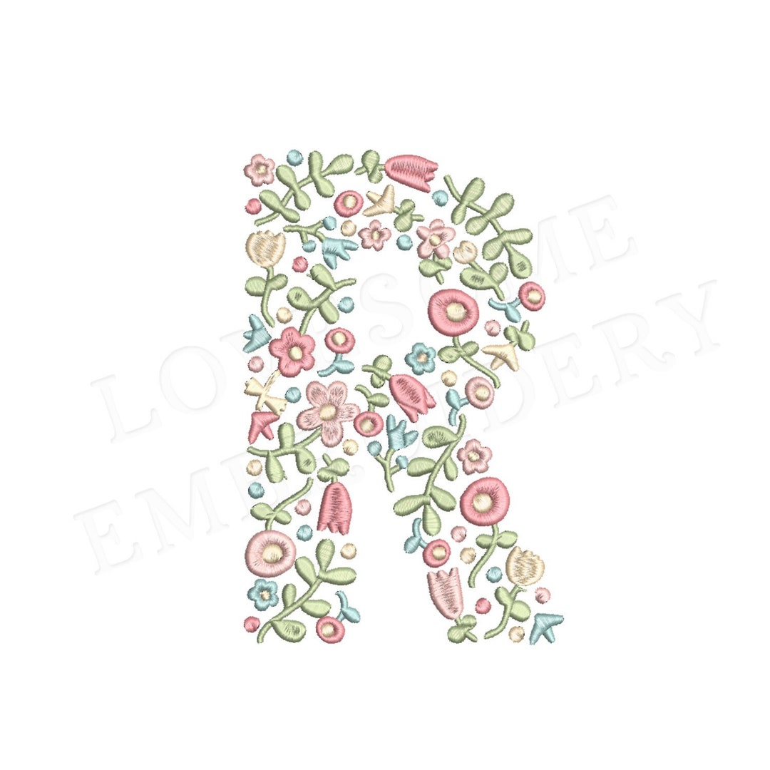 NEW Floral Letter R 8inch A-Z Machine Embroidery Design Dainty Flowers ...
