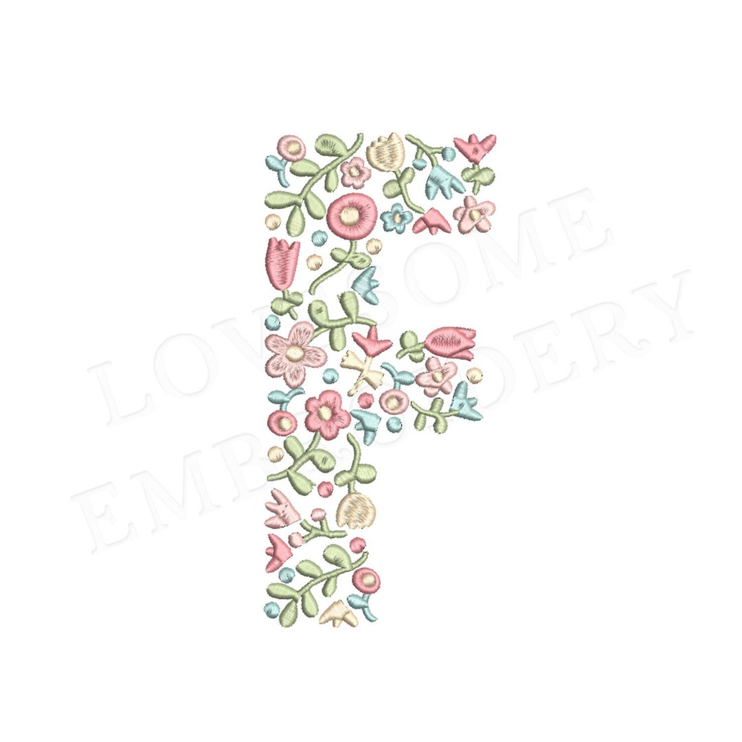 NEW Floral Letter F 8inch A-Z Machine Embroidery Design Dainty Flowers ...