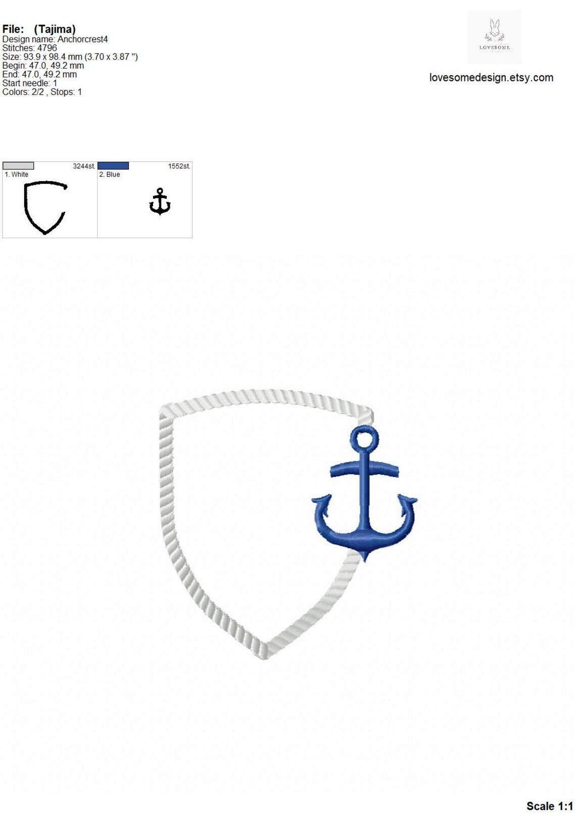 Anchor Rope Crest 4inch Embroidery Design, Nautical Machine Embroidery ...