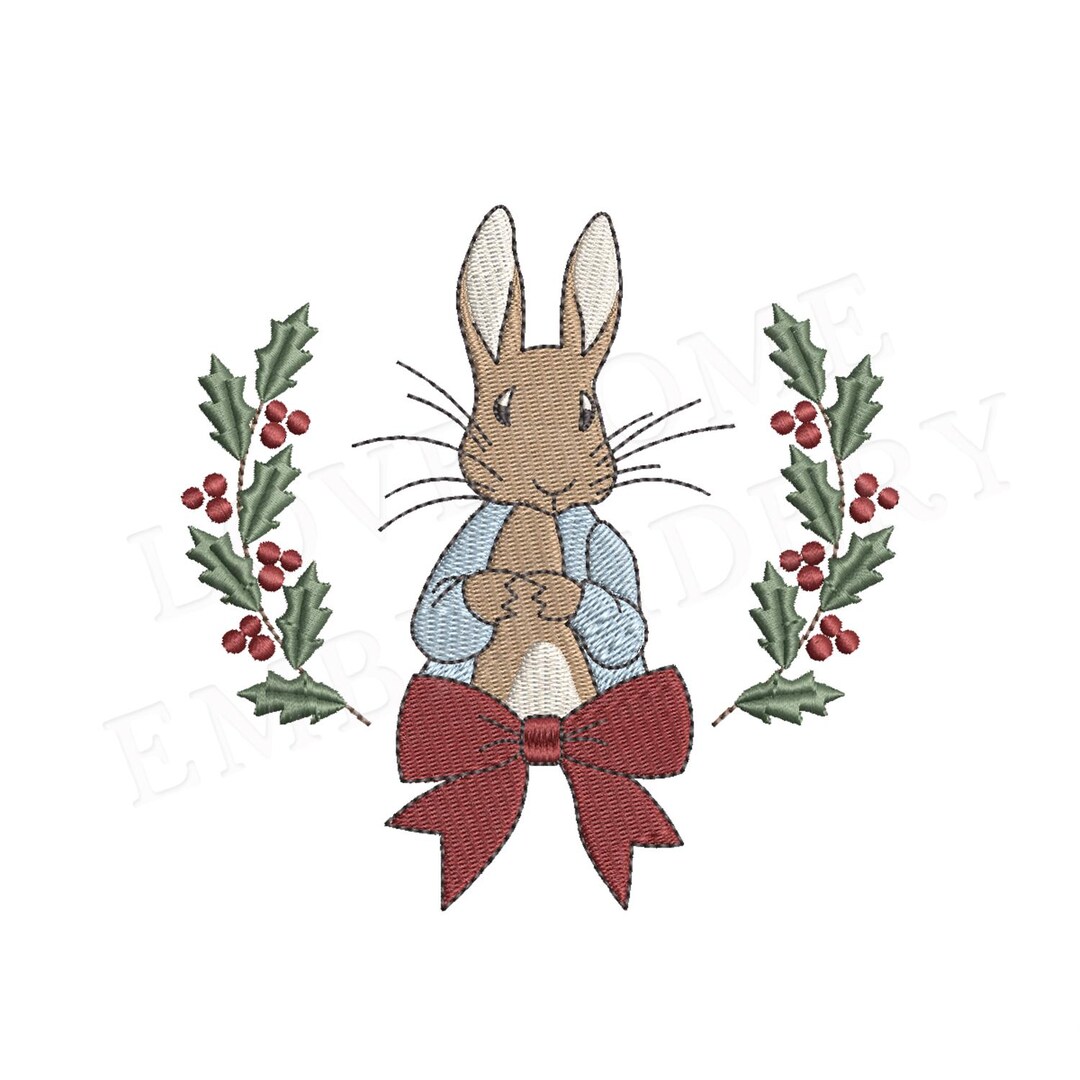 Peter Rabbit Bow Holly Wreath 5x7 Embroidery Design, Machine Embroidery ...