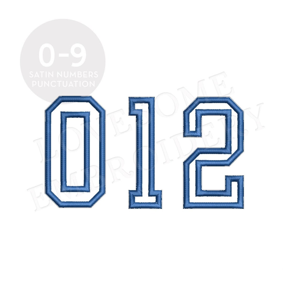 College Satin Outline 3inch Numbers 0-9 Machine Embroidery Sports ...