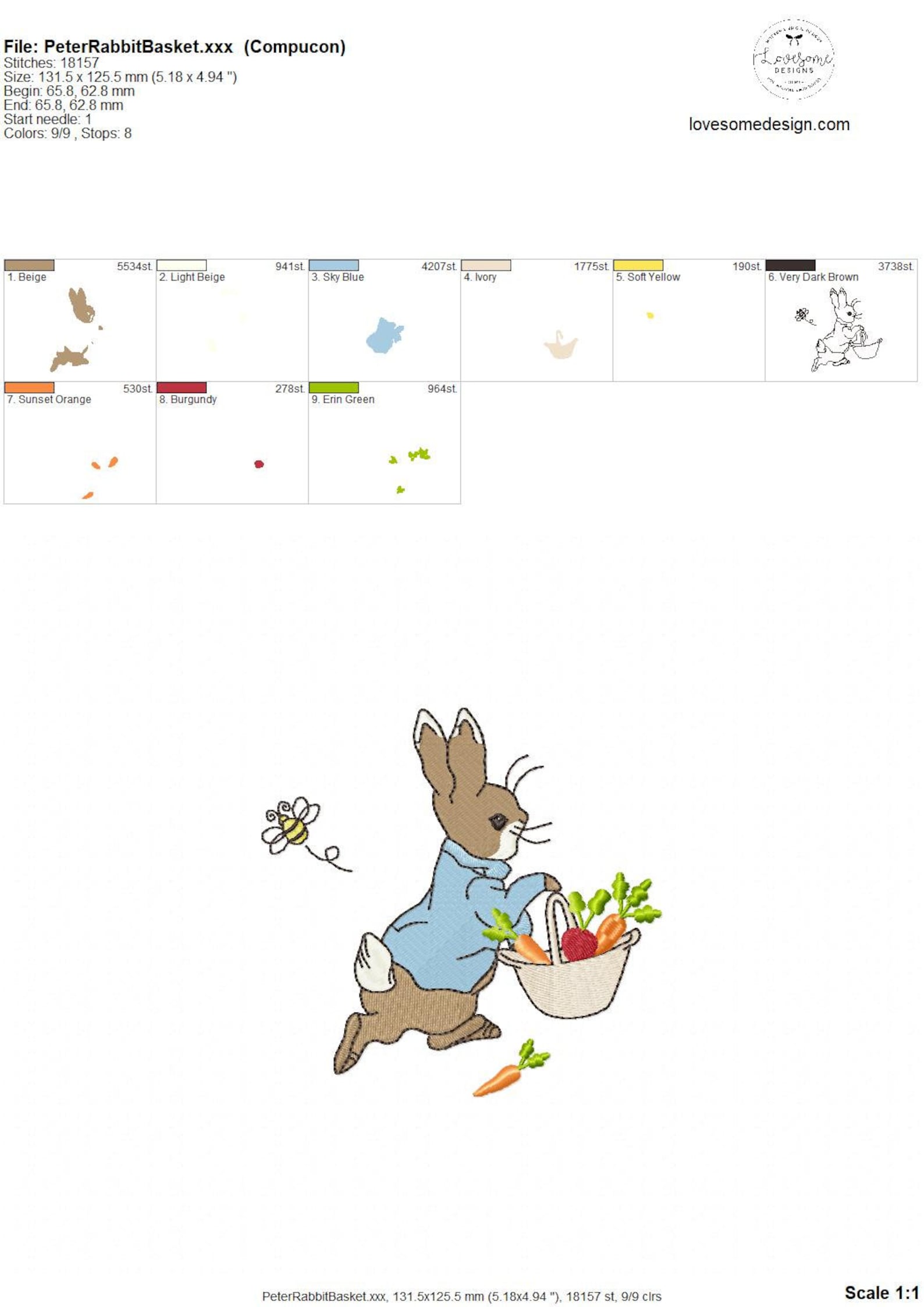 Peter Rabbit Carrots Basket 5inch Machine Embroidery Design Digital ...