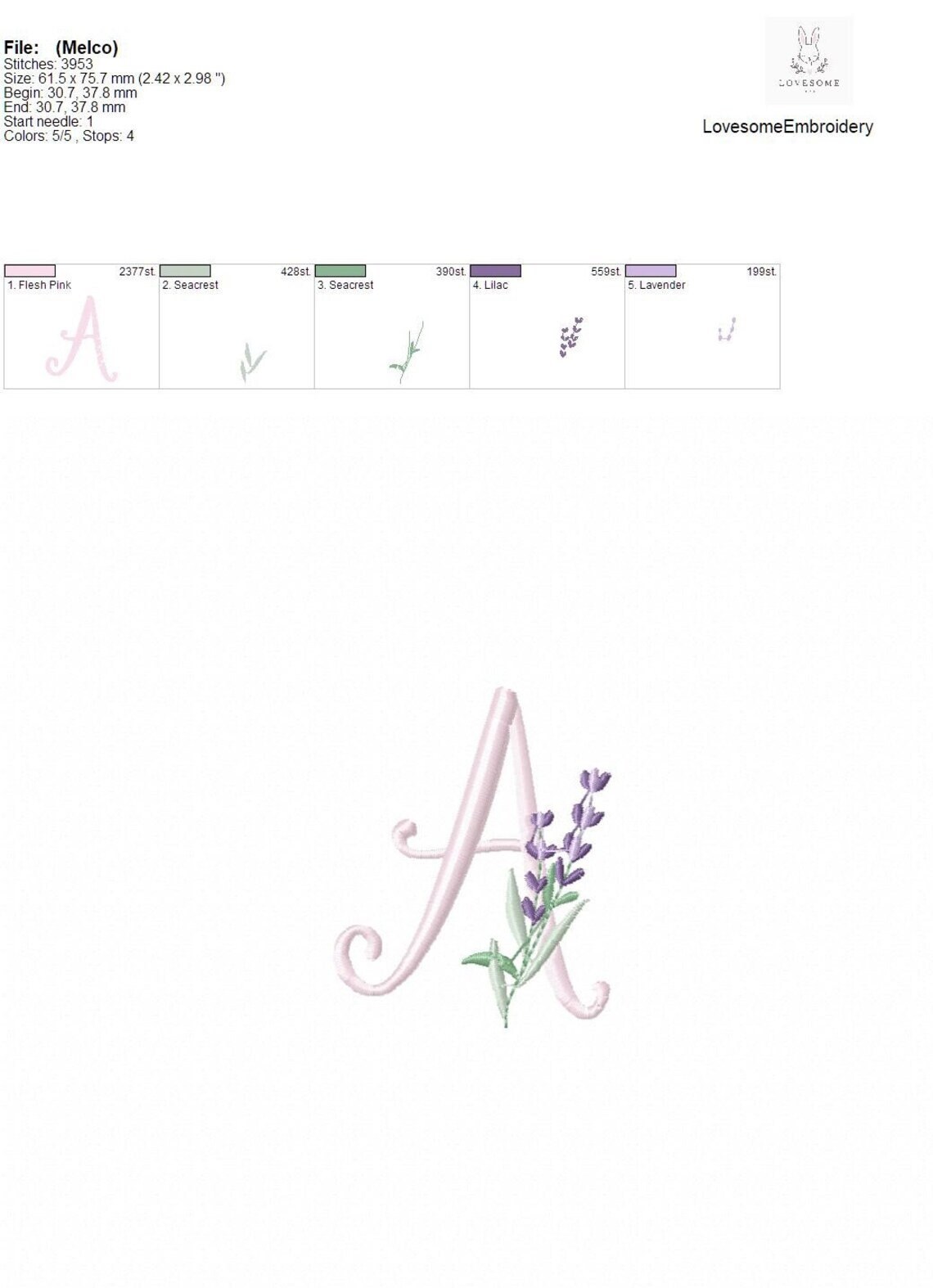 Lavender Script 3inch A-Z Machine Embroidery Font Elegant Floral Script ...