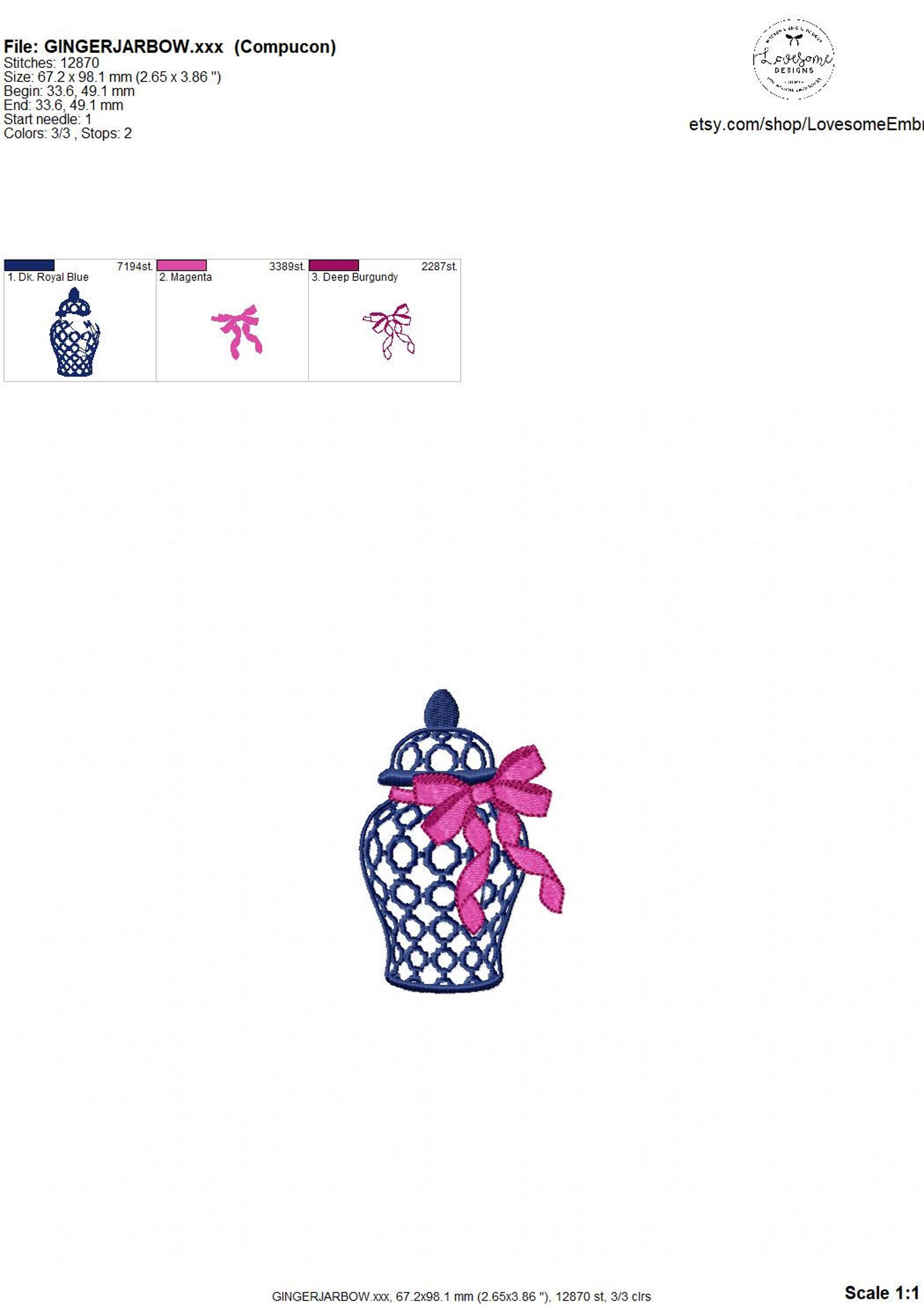 Chinoiserie Ginger Jar Bow 4inch Machine Embroidery Design Digital ...