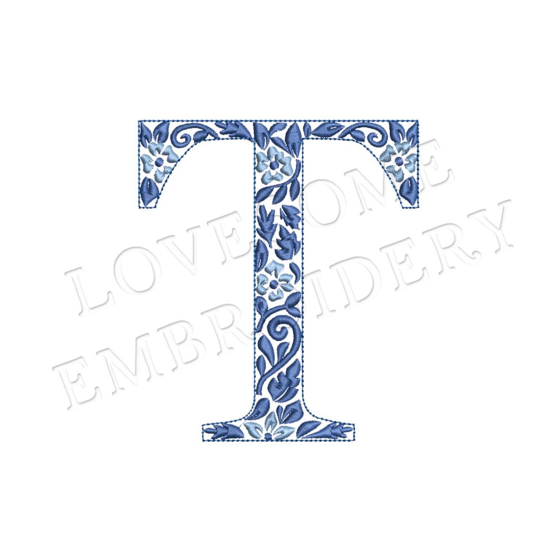 NEW Chinoiserie Letter T 4inch Machine Embroidery Font Blue Elegant ...