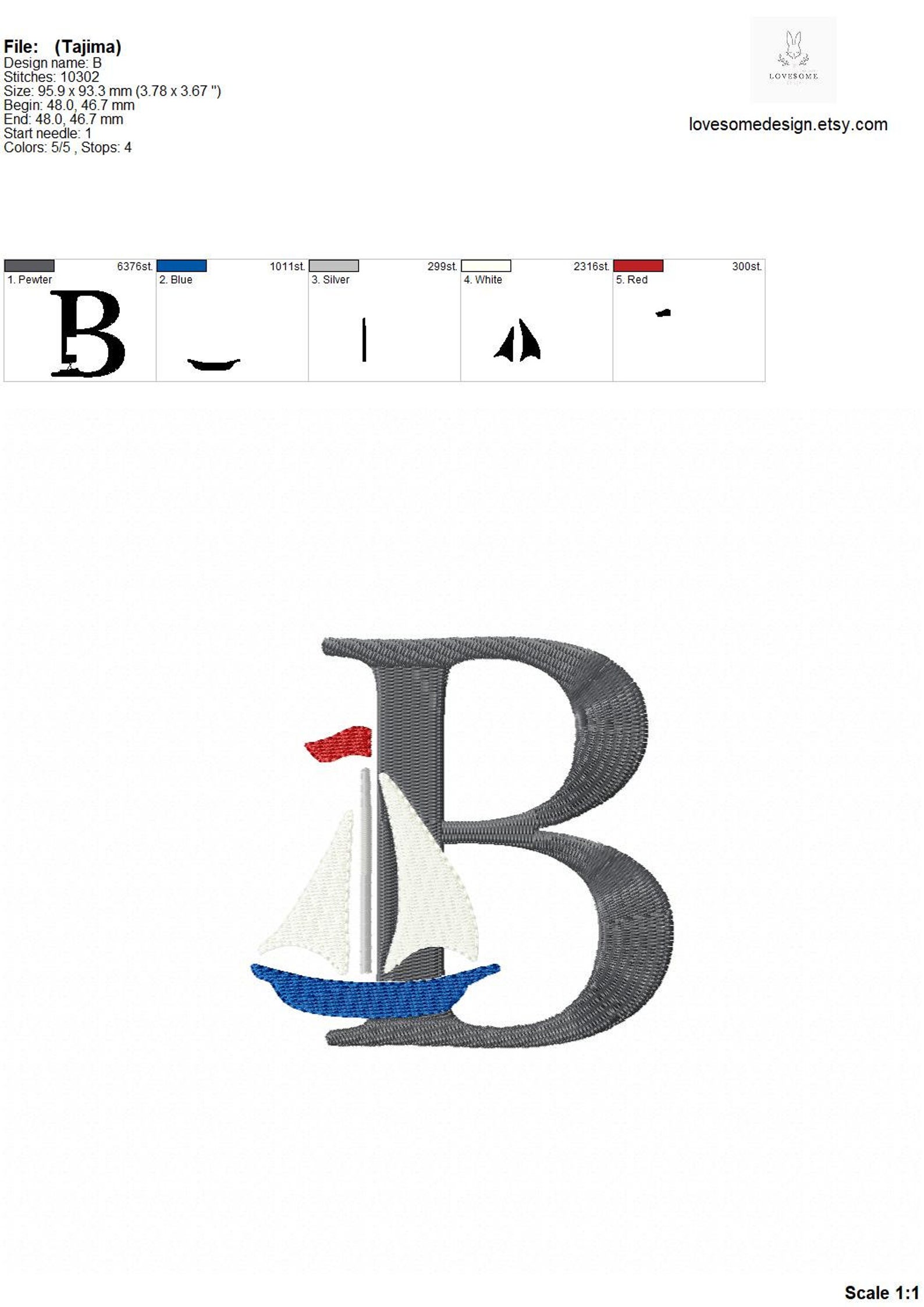 Sail Boat Monogram 4inch Embroidery Font, Nautical Machine Embroidery ...