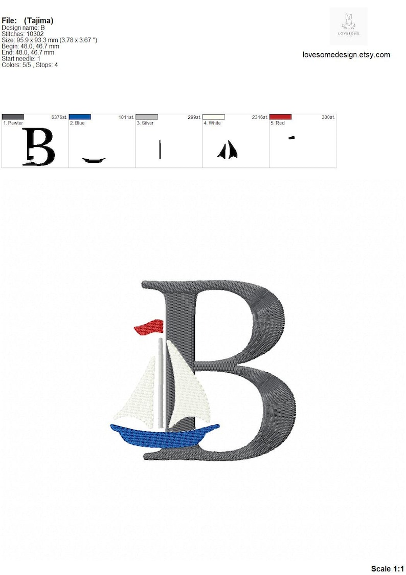 Sail Boat Monogram 4inch Embroidery Font, Nautical Machine Embroidery ...