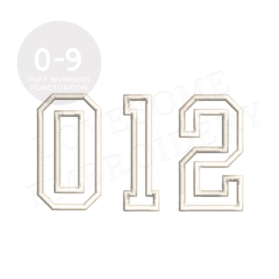 College Outline 5inch Puff Numbers 0-9 Machine Embroidery Sports ...