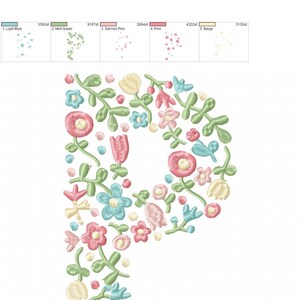 NEW Floral Letter P 8inch A-Z Machine Embroidery Design Dainty Flowers ...