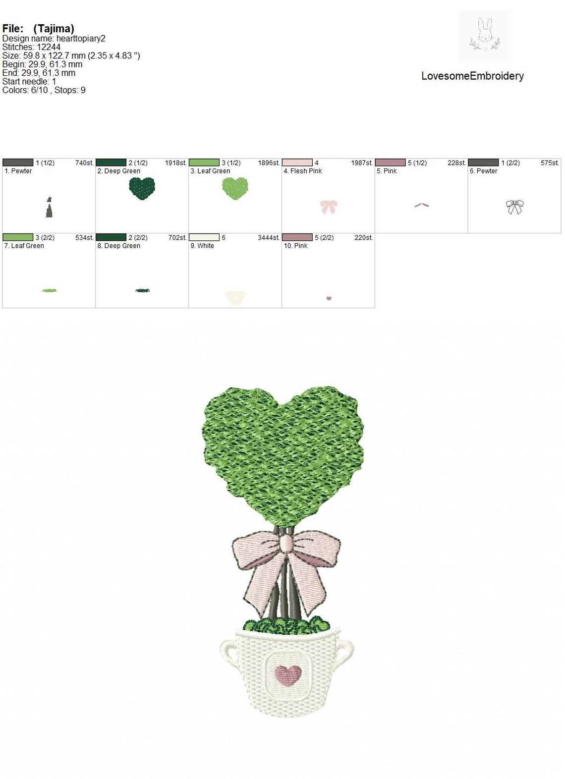 Pastel Heart Topiary 5inch Embroidery Design, Chinoiserie Chic Topiary ...