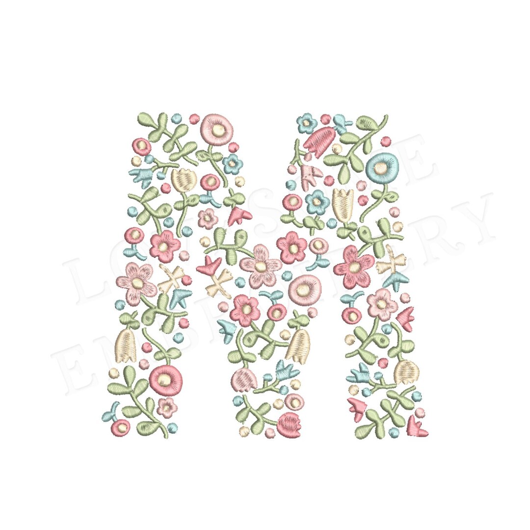 NEW Floral Letter M 8inch A-Z Machine Embroidery Design Dainty Flowers ...