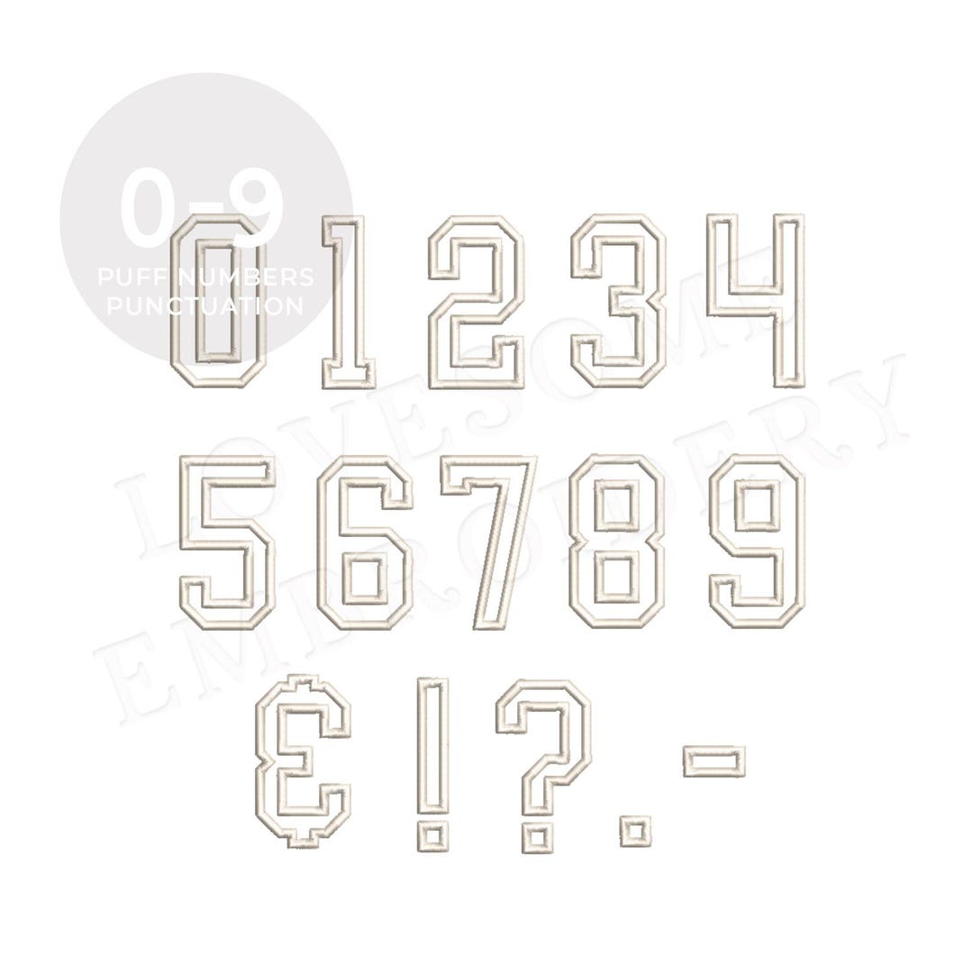 College Outline 3inch Puff Numbers 0-9 Machine Embroidery Sports ...