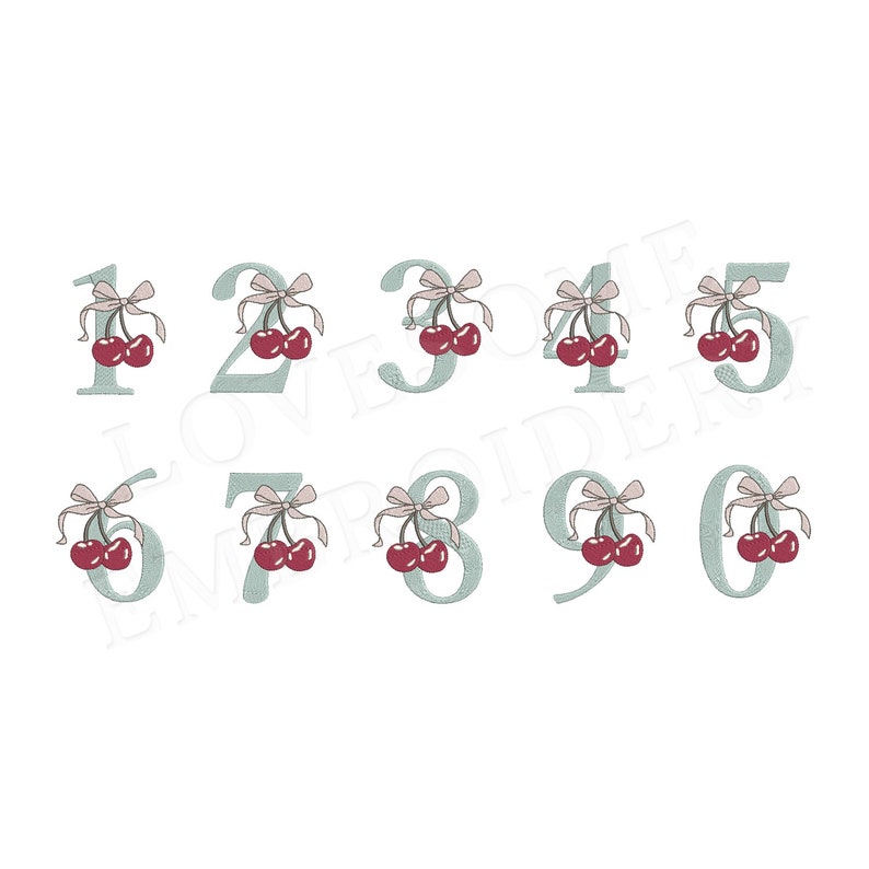 Cherries Bow Numbers 4inch A-Z Machine Embroidery Font Cherry Coquette ...