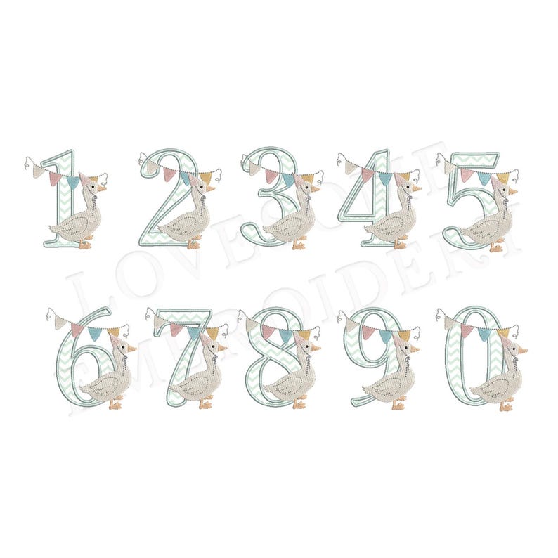 Party Hat Goose Applique Numbers 4inch Bunting 0-9 Machine Embroidery ...