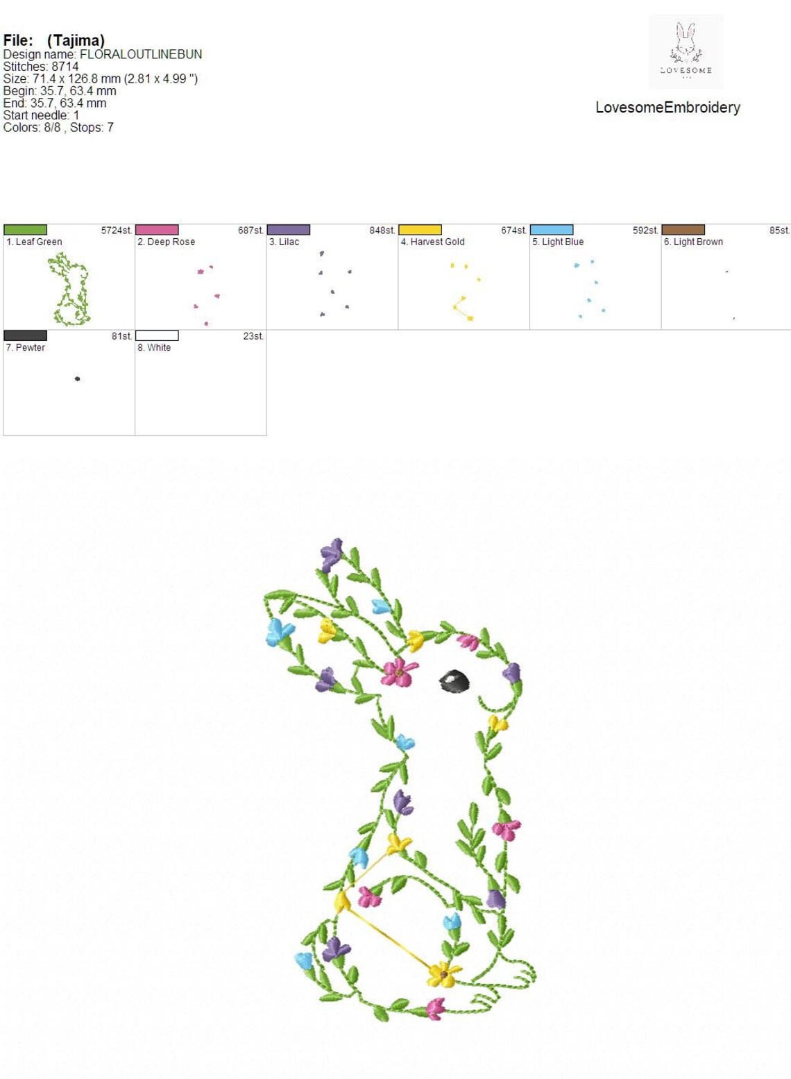 Floral Outline Bunny 5inch Embroidery Design Cute Rabbit Machine ...