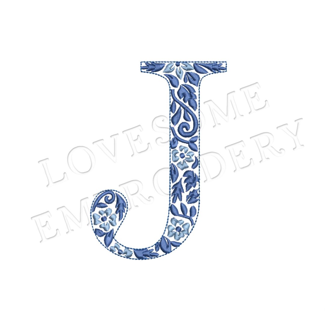 NEW Chinoiserie Letter J 4inch Machine Embroidery Font Blue Elegant ...