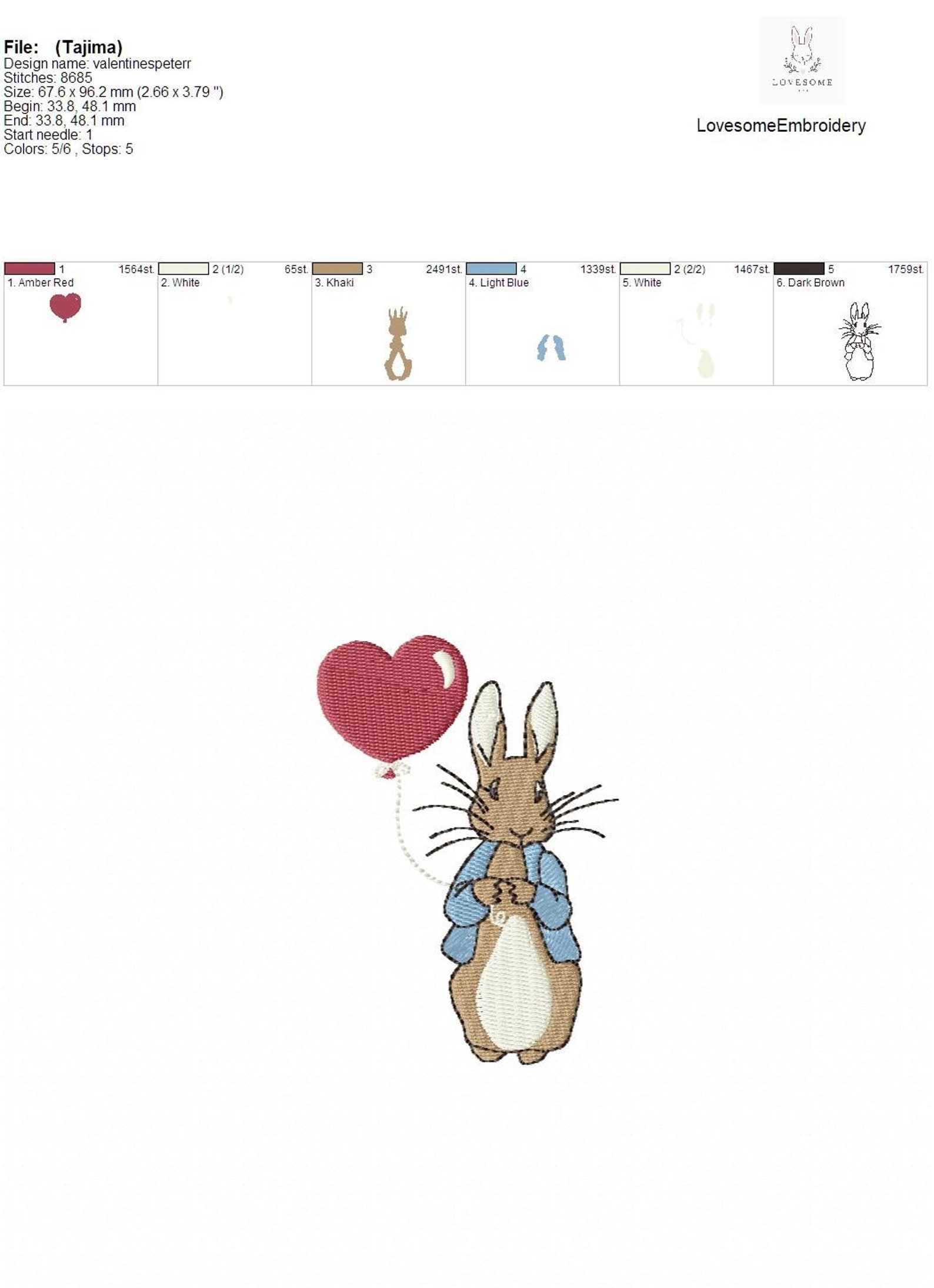 Peter Rabbit With Heart Balloon 4x4 Valentines Day Machine Embroidery ...