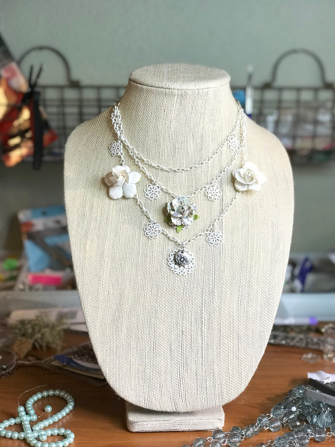 Victorian Collar Necklace, Paper Flower Necklace, Vintage Filigree ...