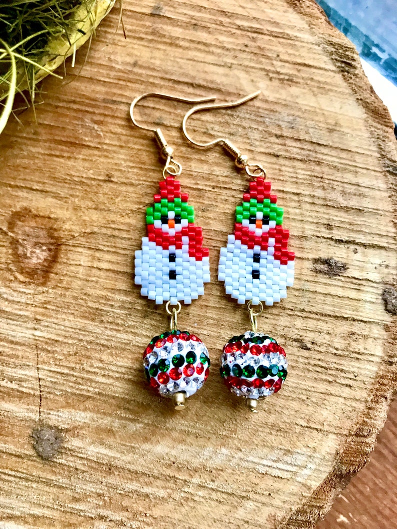 Beaded Christmas Earrings, Reindeer Earrings, Snowman Earrings, Beaded ...