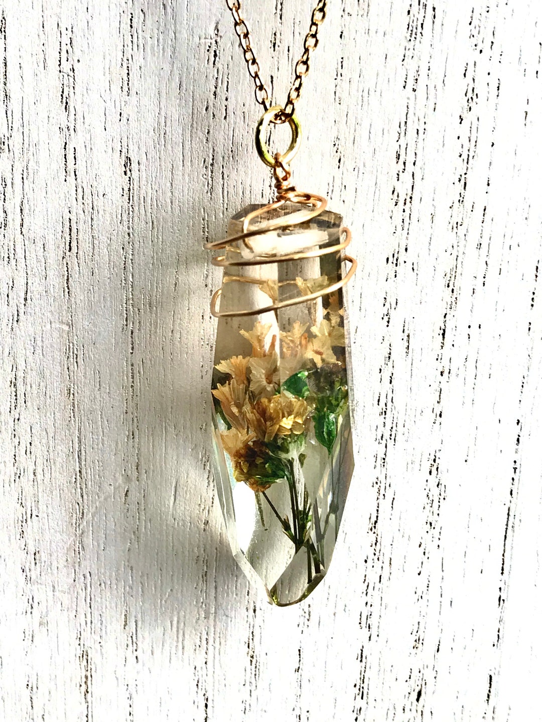 Dried Flower Necklace, Resin Dagger Pendant, Dried Flower Pendant, Gold ...