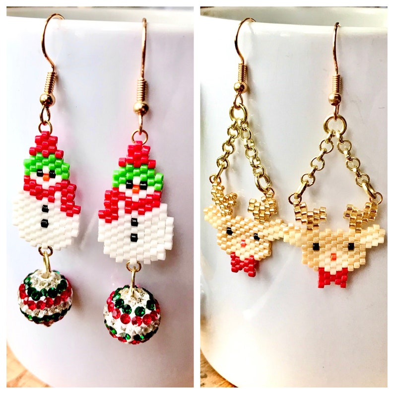 Beaded Christmas Earrings, Reindeer Earrings, Snowman Earrings, Beaded ...