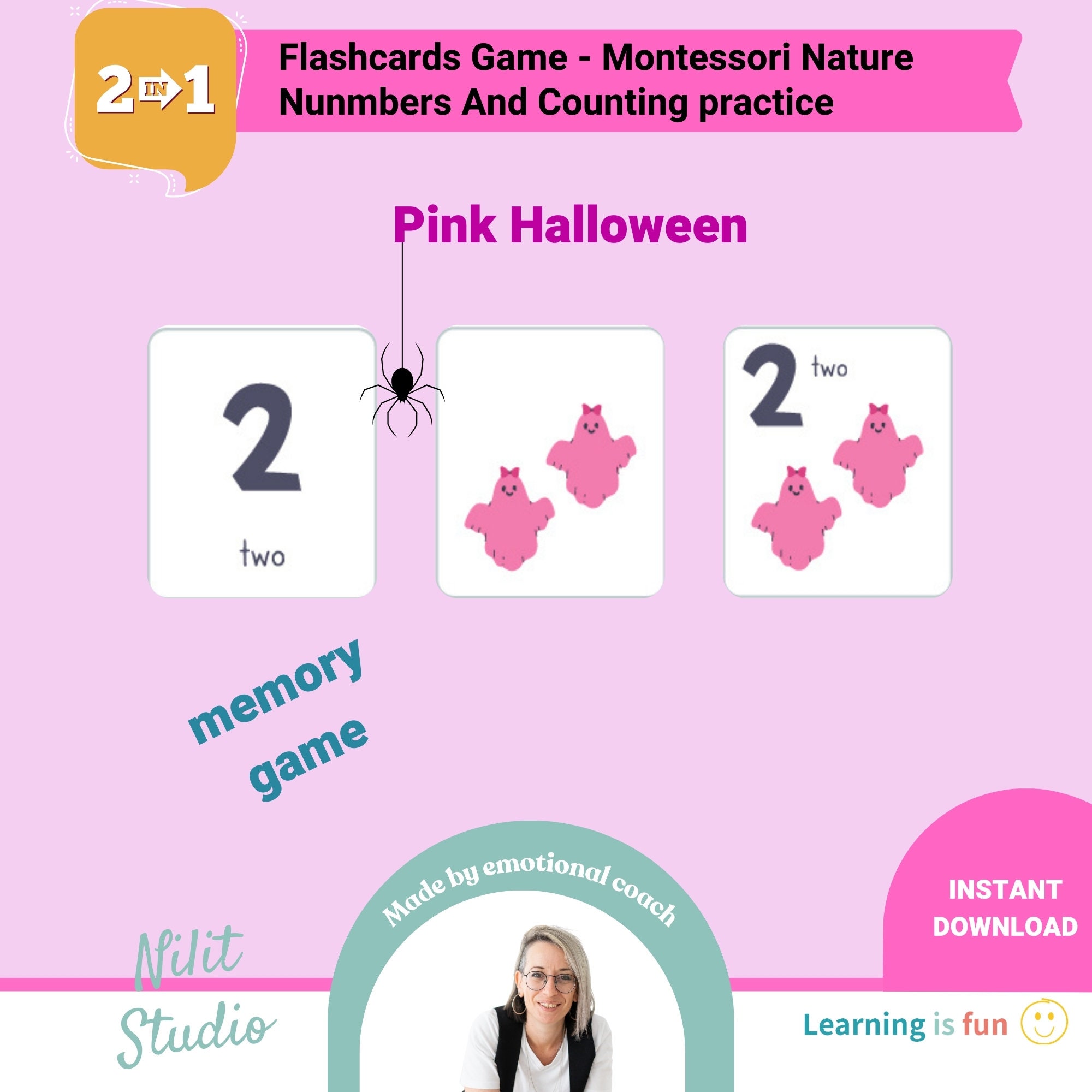 Pink Halloween Counting Practice Flash Cards, Montessori Counting Game ...