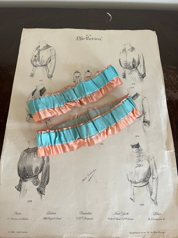 1920s silk ribbon garter. elastic; peach and aqua - Gem