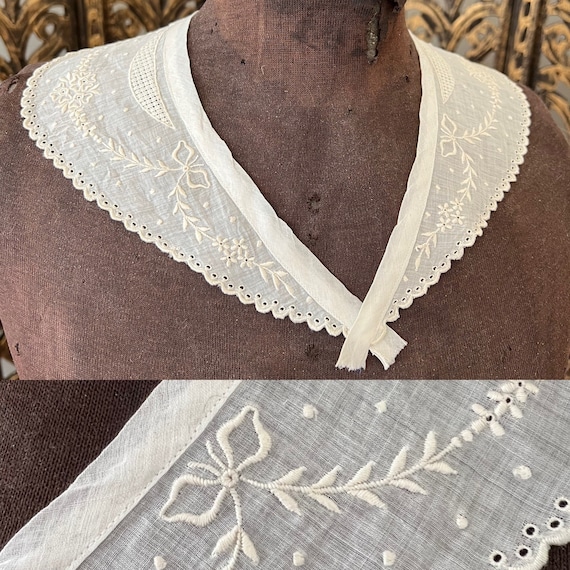Antique hand embroidered white work collar - Gem
