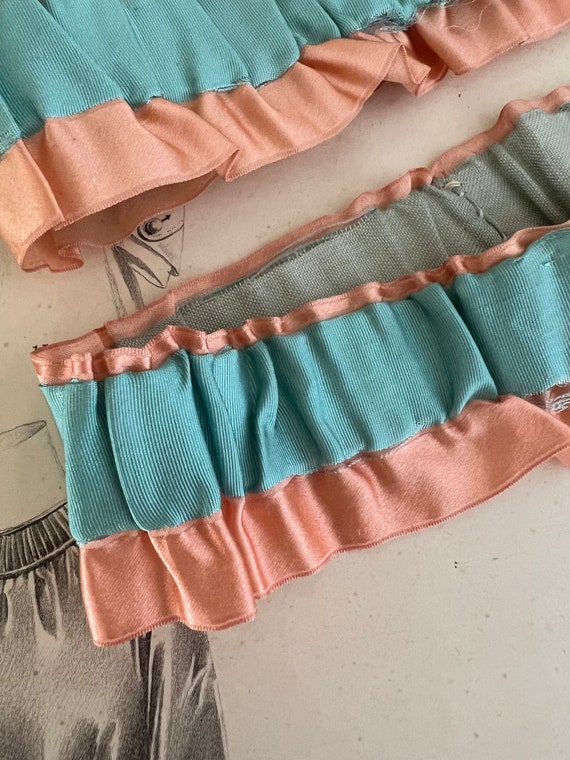 1920s silk ribbon garter. elastic; peach and aqua - Gem