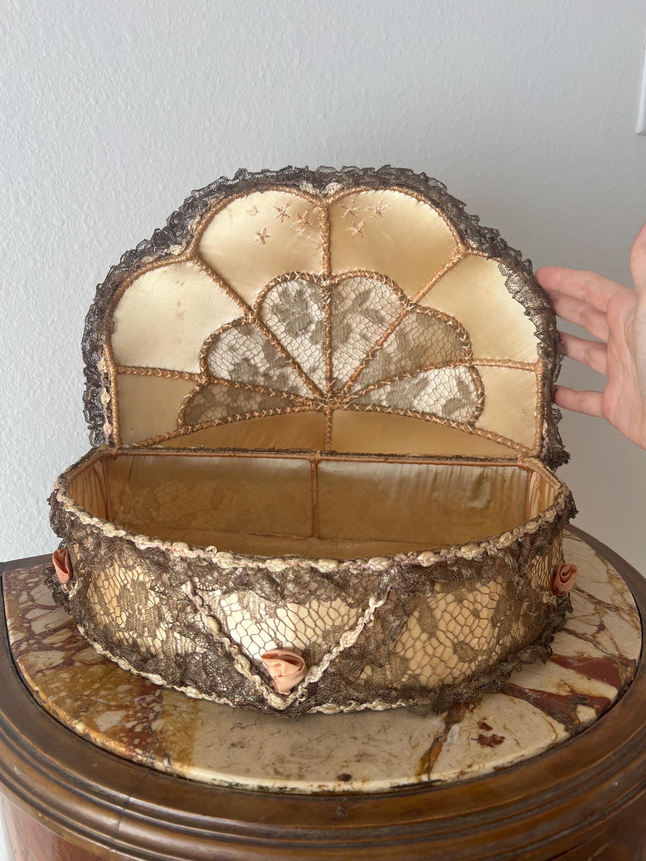 1930s Shell Boudoir Metal Lace Ribbonwork Jewelry Box.watered Silk ...